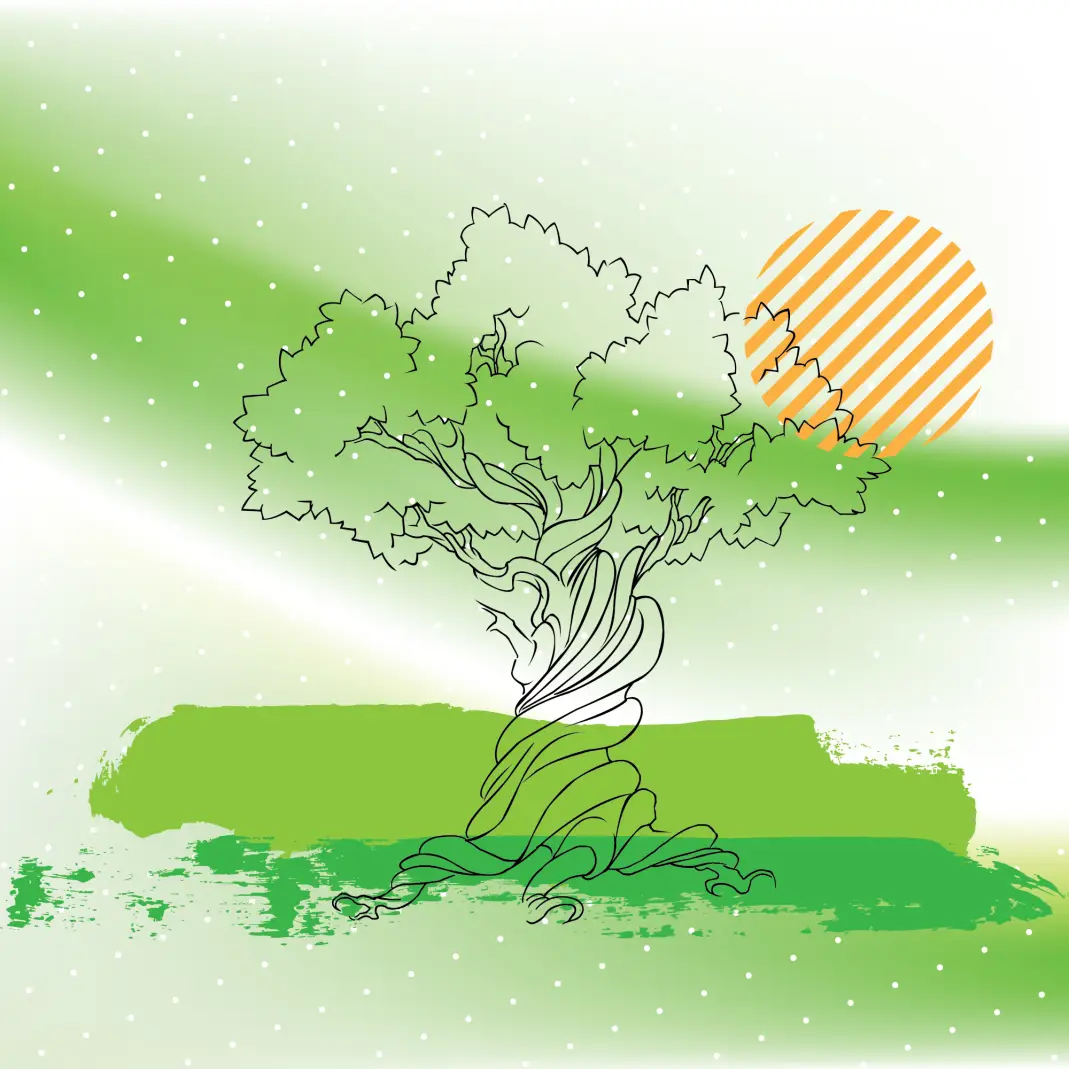 Tree Vector Art Illustration with Sun and Star Background